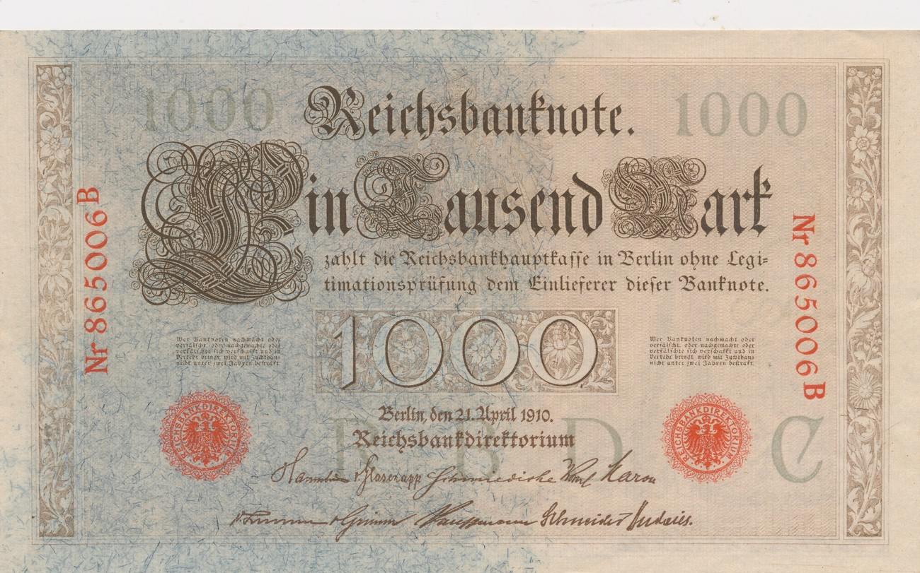 Kaiserzeit Tausend Mark 1910 Vorkriegsausgabe Siegel rot,KN 6stellig ...