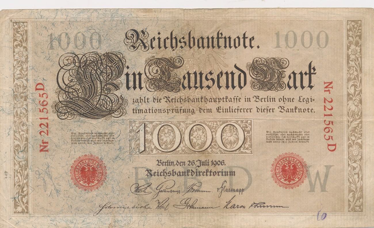Kaiserreich Ein Tausend Mark 1906 Reichsbanknote Brauner Tausender KN ...
