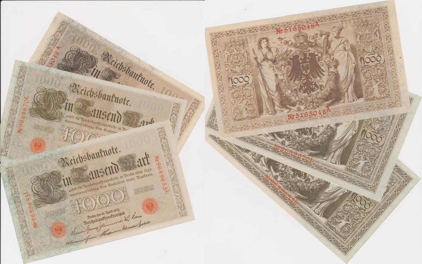 Deutschland Tausend Mark 1910 Reichsbanknote 3 Stück, Siegel rot | MA-Shops
