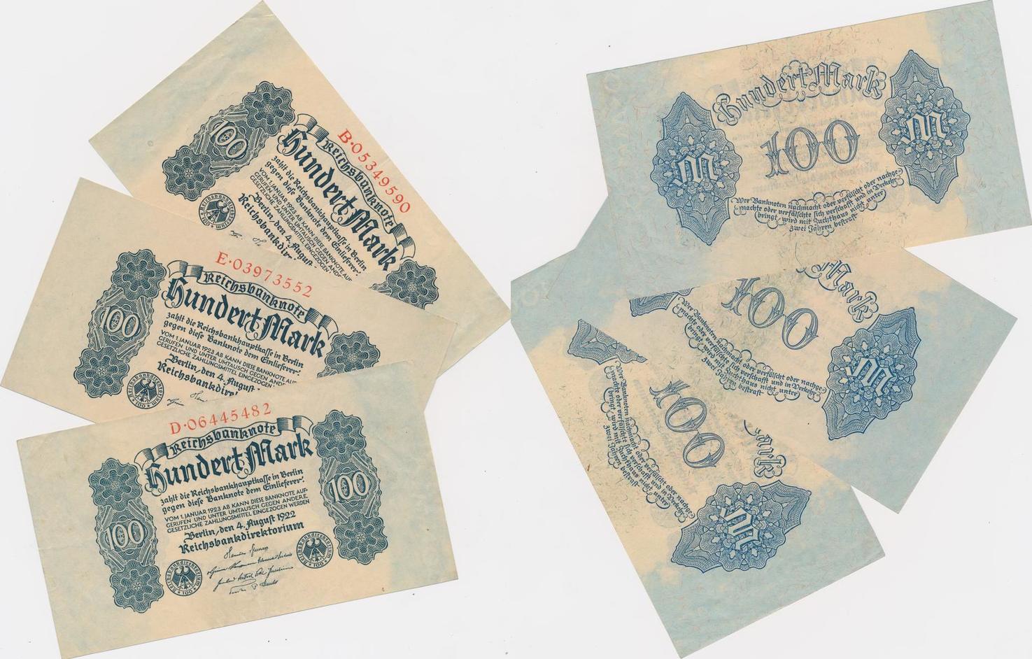 Deutschland 100 Mark 1922 Reichsbanknote 3 Stück | MA-Shops