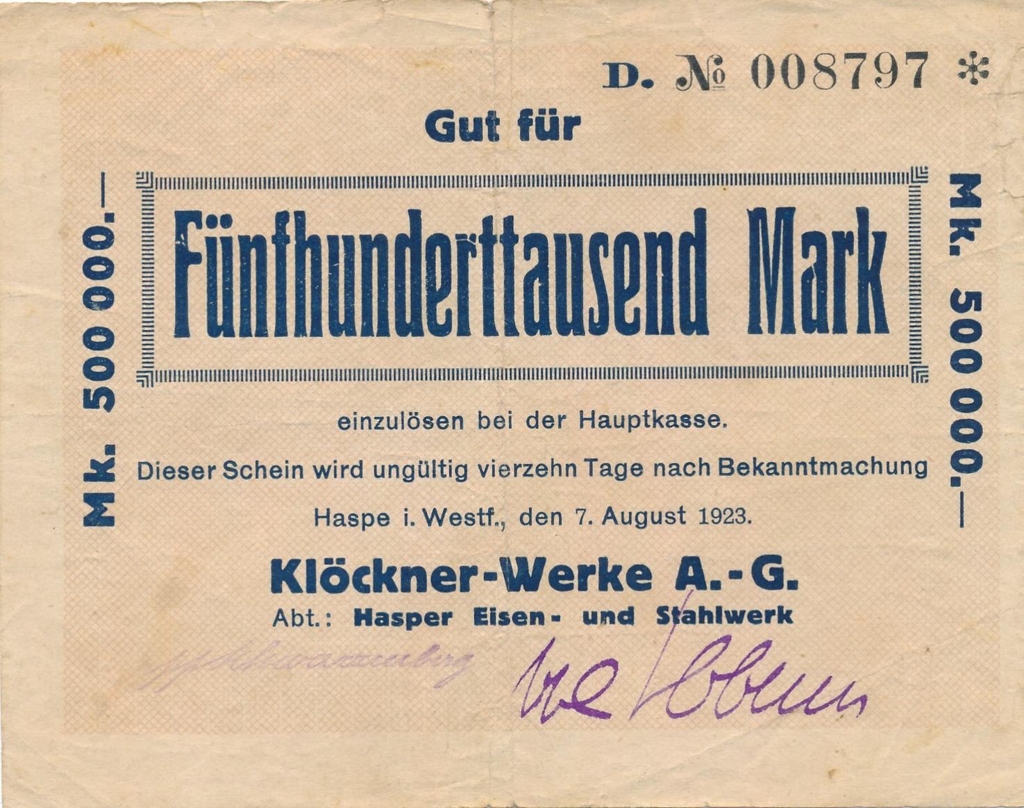 500 Tausend Mark 1923 Klöckner-Werke A.G. Hasper Eisen- und Stahlwerk V ...