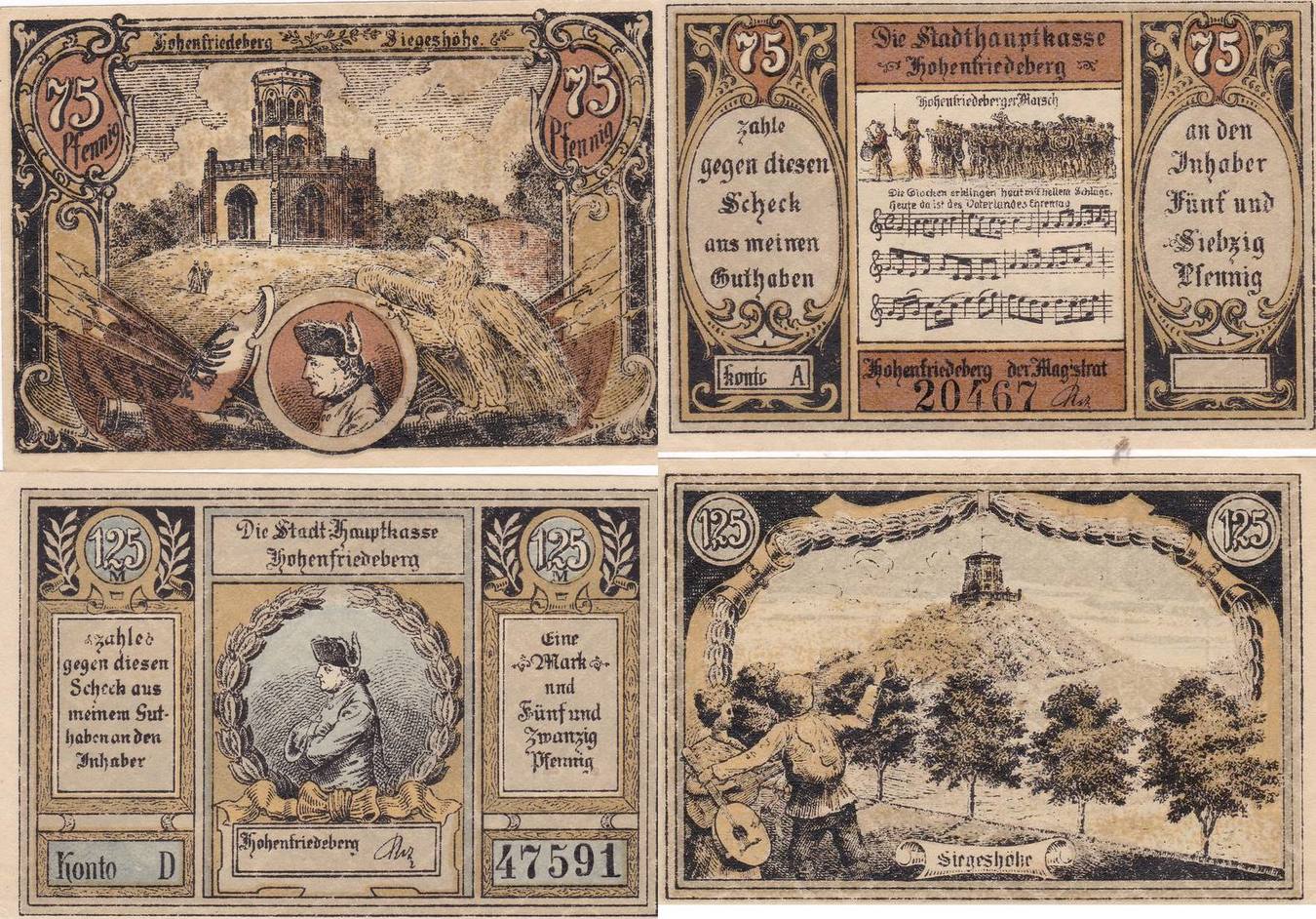 75 Pfenning 1 Mark und 25 Pfenning 2 Notgeldscheine aus Hohenfriedeberg ...