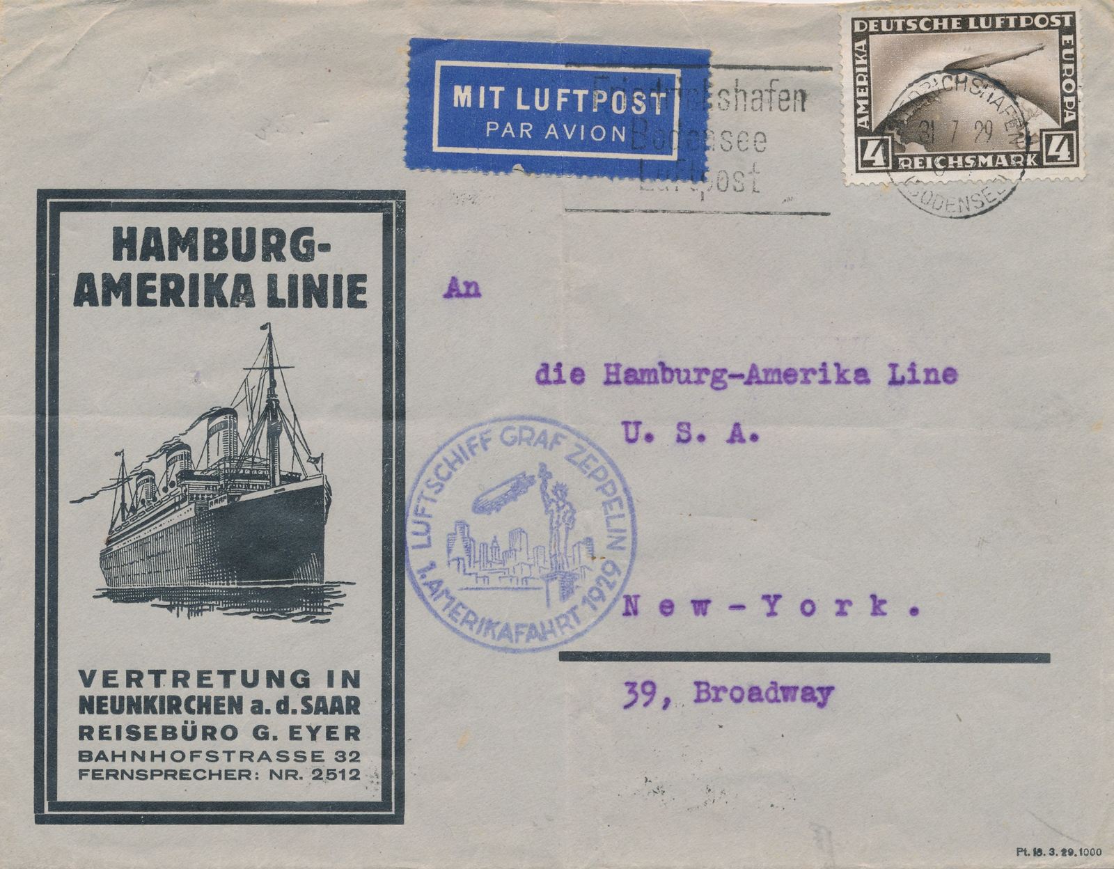 Brief mit Luftpost mit Sonderstempel LZ Graf Zeppelin, 1929 | MA-Shops