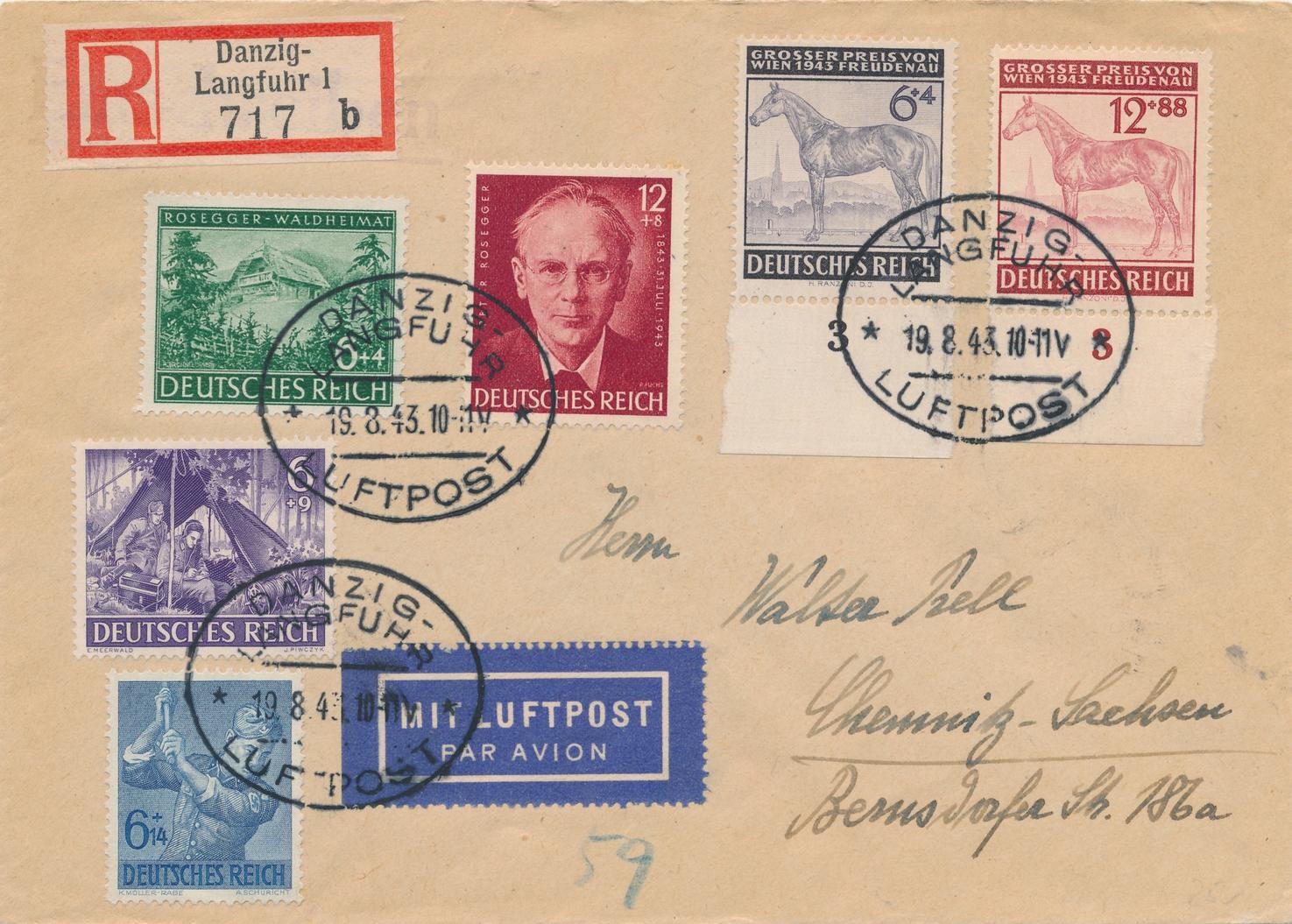 III. Reich 1943 R-Brief Danzig Langfuhr 1 befördert mit Luftpost und ...