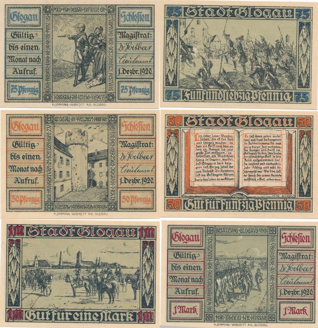 Glogau 1920 3 verschiedene Notgeldscheine 50 Pf. + 75 Pf., 1 Mark ...