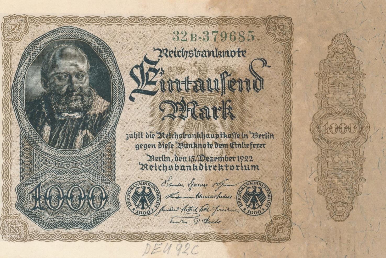 Deutschland 1922 1000 Mark Reichsbanknote FZ B, Nr. 379685 | MA-Shops