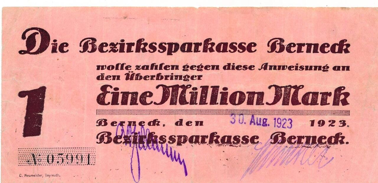 Deutsches Reich Deutschland Bayern 1 Million Mark 30.08.1923 Inflation ...
