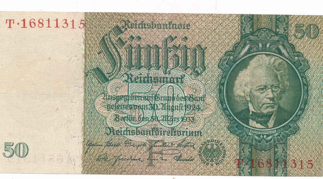 Deutschland 1933 50 Reichsmark Reichsbanknote KN 8stellig, Serie:F/T ...