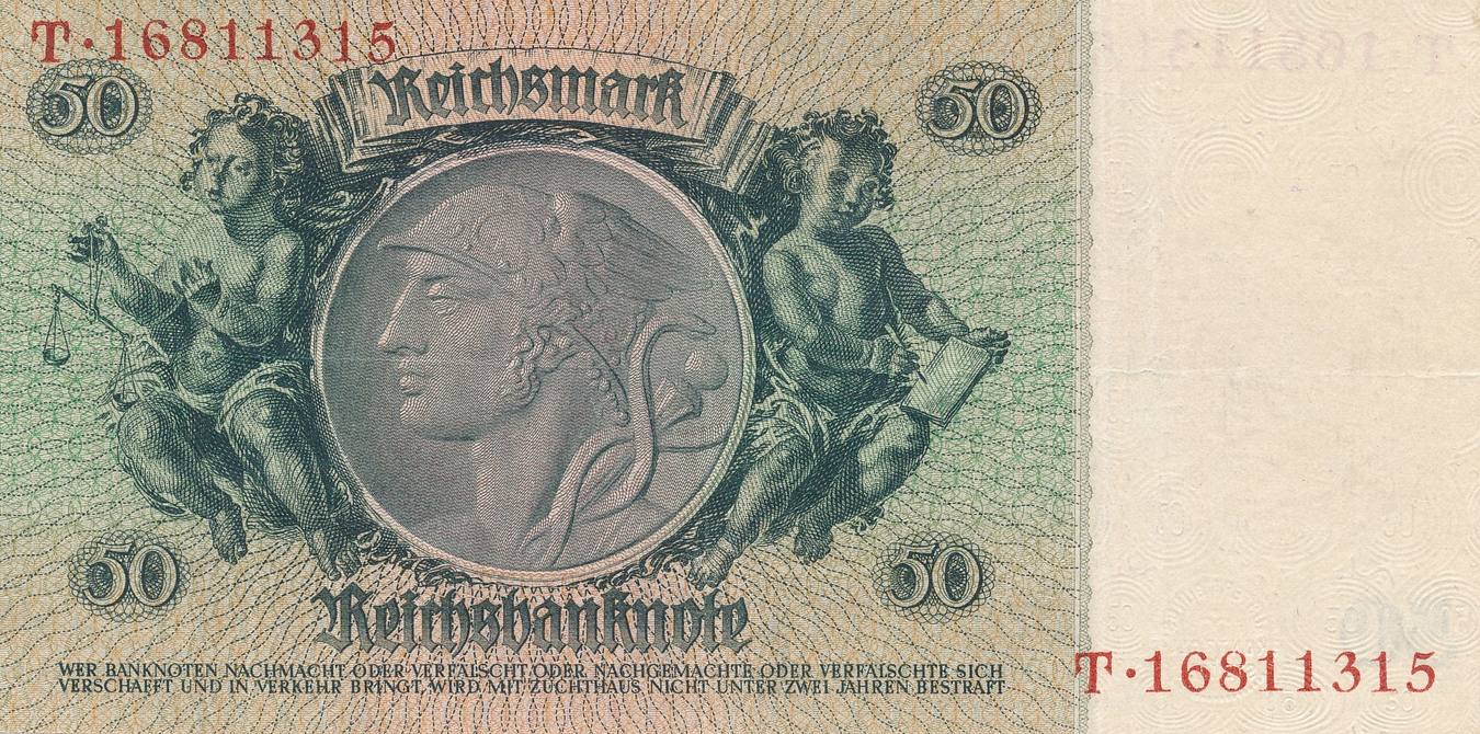 Deutschland 1933 50 Reichsmark Reichsbanknote KN 8stellig, Serie:F/T ...