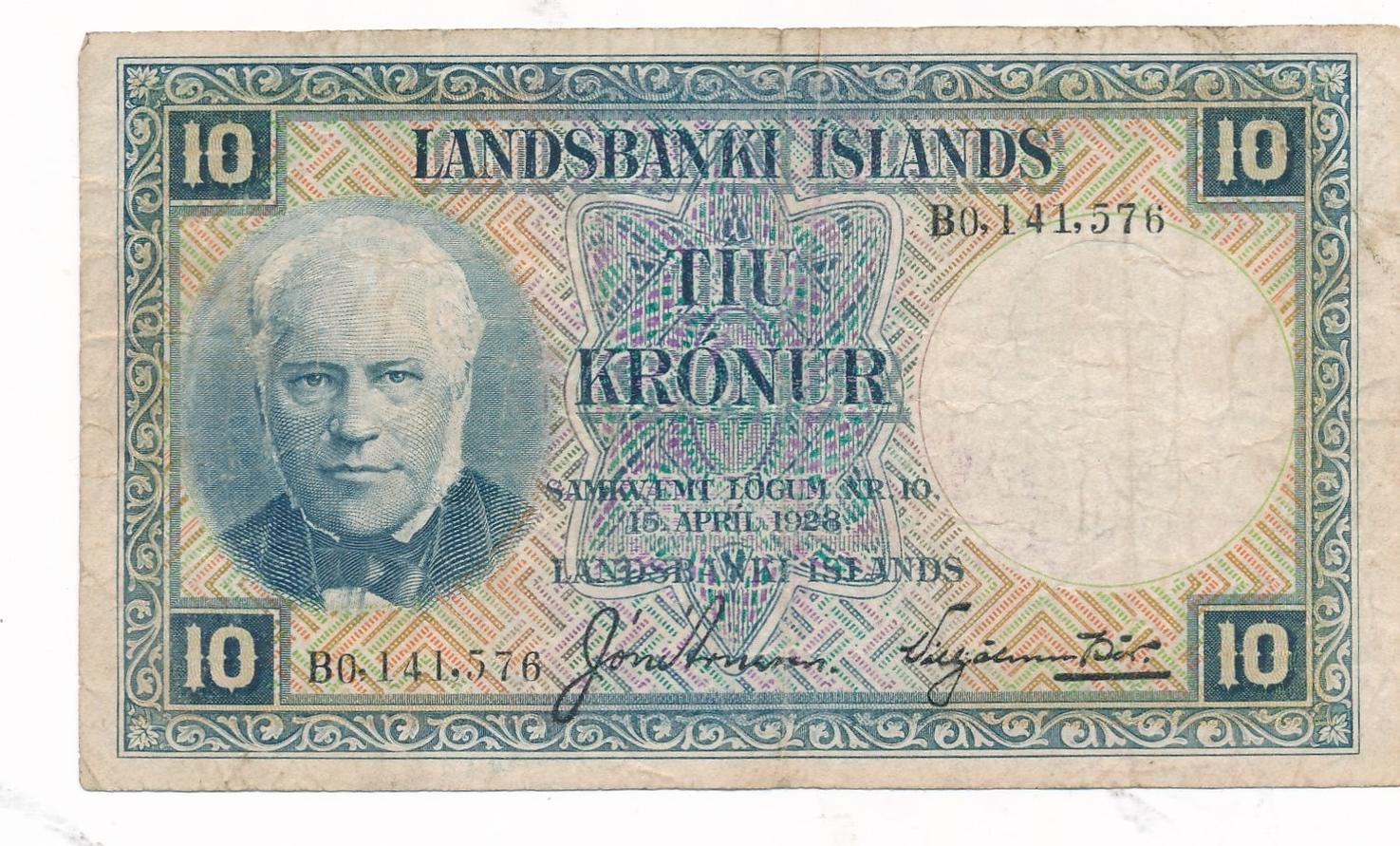 Island 10 Kronur 1928 Geldschein Banknote Tiu Kronur IV | MA-Shops