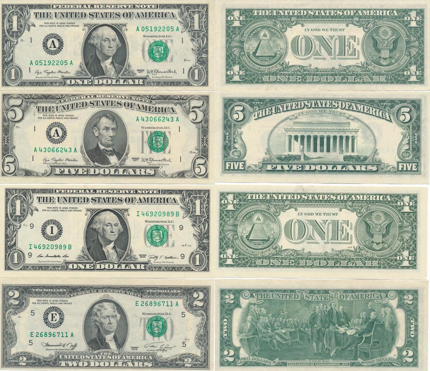 USA 9 Dollars 1977 1978 2009 Geldschein Banknote 4 Stück 2x1 Dollar 1x2 ...