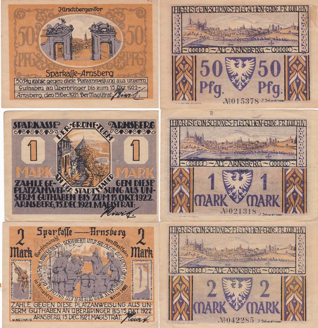 50 Pfenning 1 2 Mark 15.12.1921 Drei Notgeldscheine aus Arnsberg IV ...