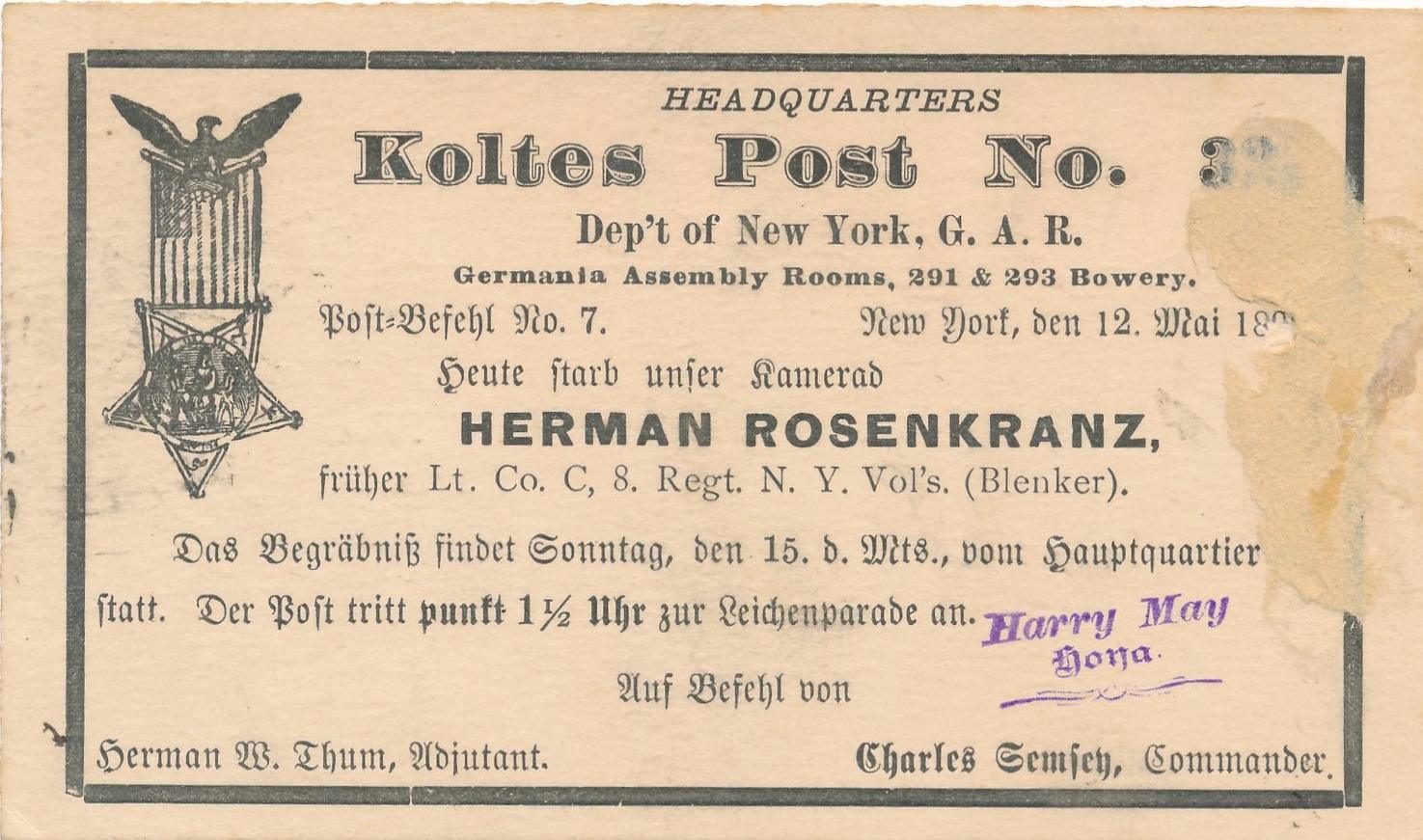 New York Trauerkarte Headquarters Koltes Post um 1892 | MA-Shops