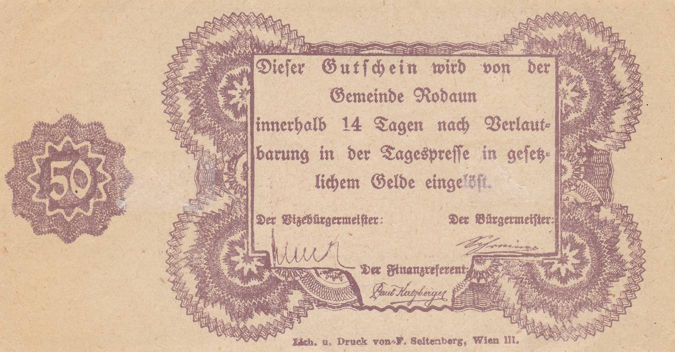 Österreich 50 Heller Notgeldgeldschein Rodaun 1920 III | MA-Shops
