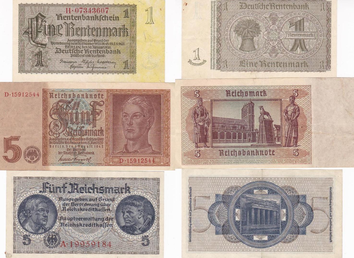 Deutschland 1 Rentenmark 5 Reichsmark 1937 1939 1942 Banknote Deutsches ...