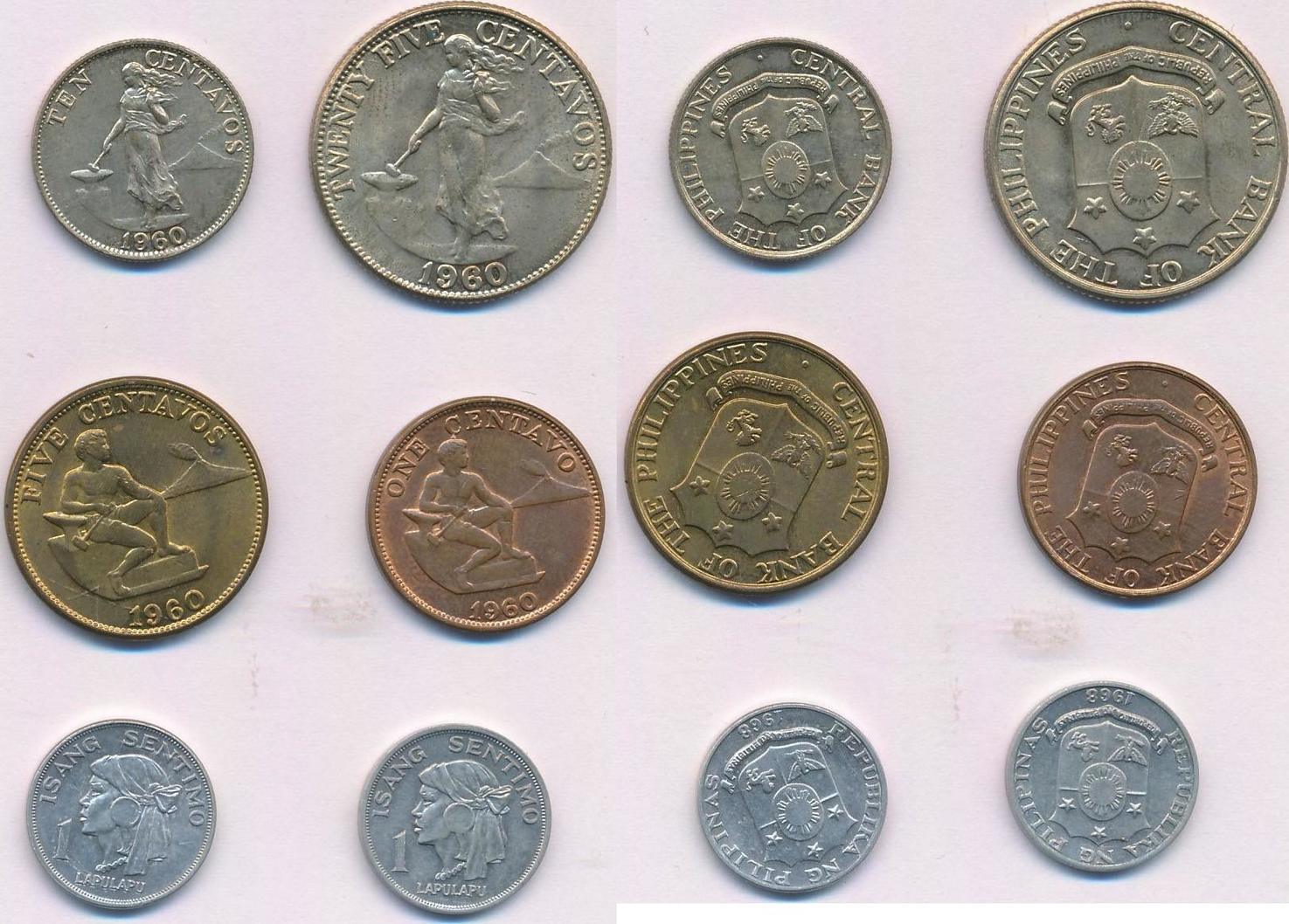 Philippinen 1 5 10 25 Centavos 1 Isang Sentimo 1960 1968 Lot 6 Münzen ...