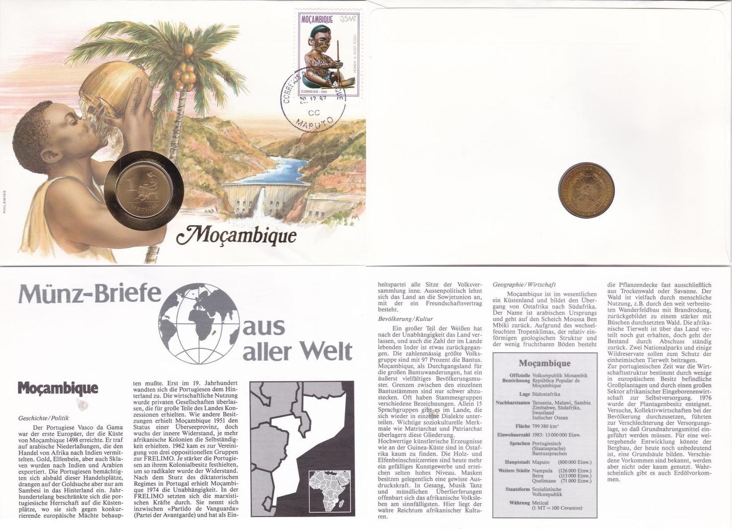 Mosambik 1 Metical 1982 Numisbrief Münzbrief Mocambique Stempel 1987 Maputo Bankfrisch | MA-Shops