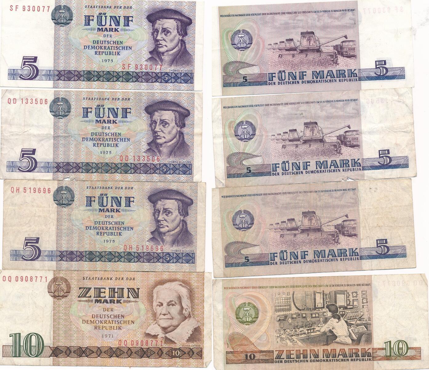 Deutschland DDR 5 10 Mark 1971 1975 4 Stück Banknote Geldscheine Lot ...