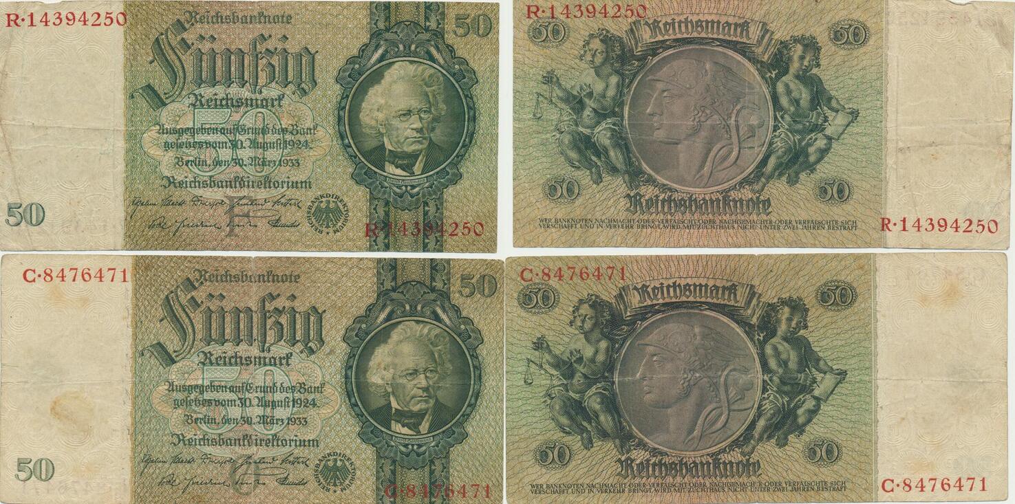 Deutschland 50 Reichsmark 1933 Reichsbanknote Serie 7stellig Q/C und ...