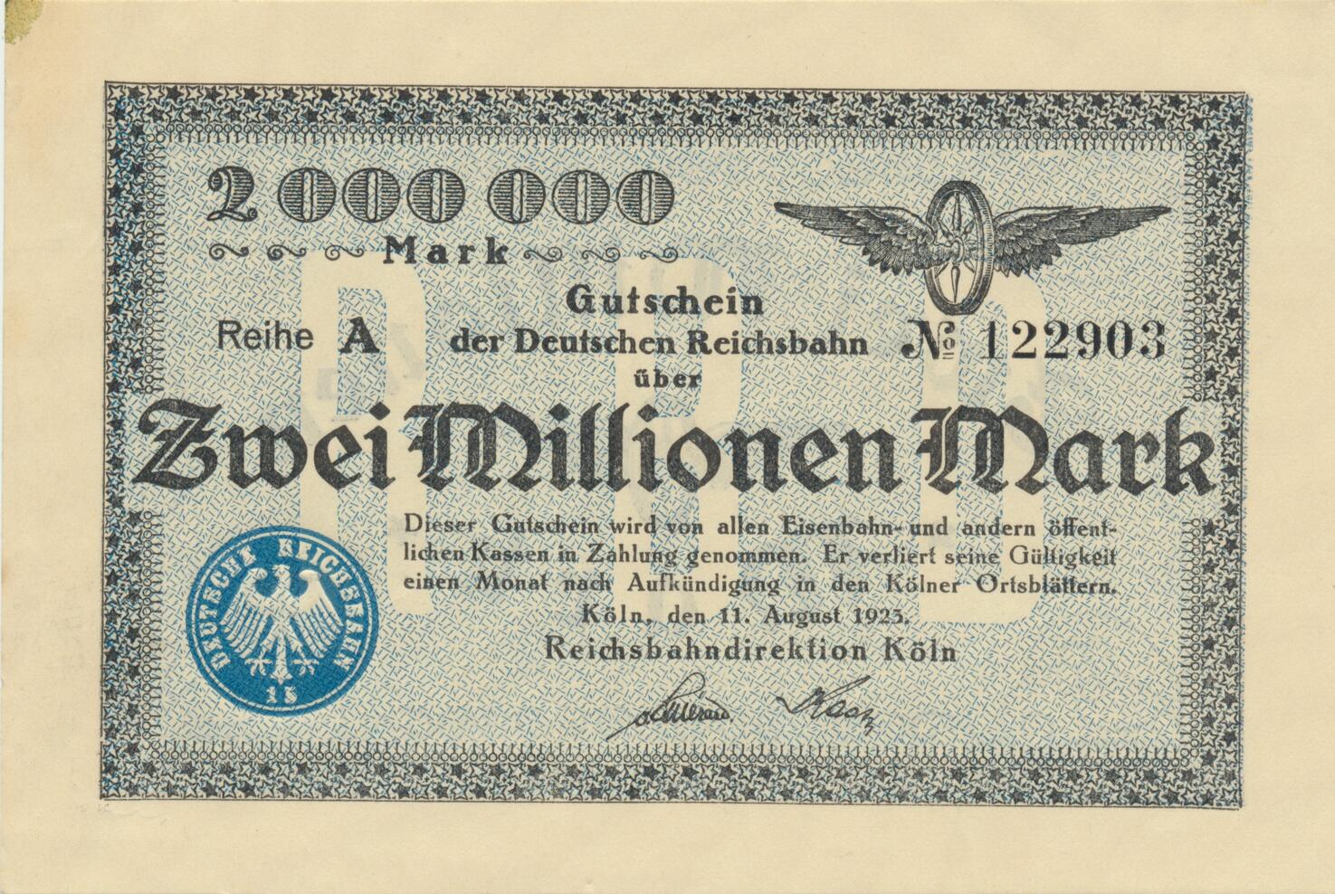 Köln 2 Millionen Mark 1923 Gutschein der Deutschen Reichsbahn | MA-Shops