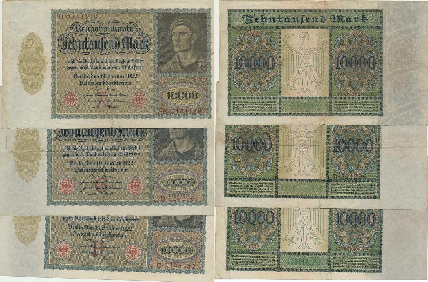 Deutschland 10 Tausend Mark 1922 3 Reichsbanknoten KN 7stellig | MA-Shops