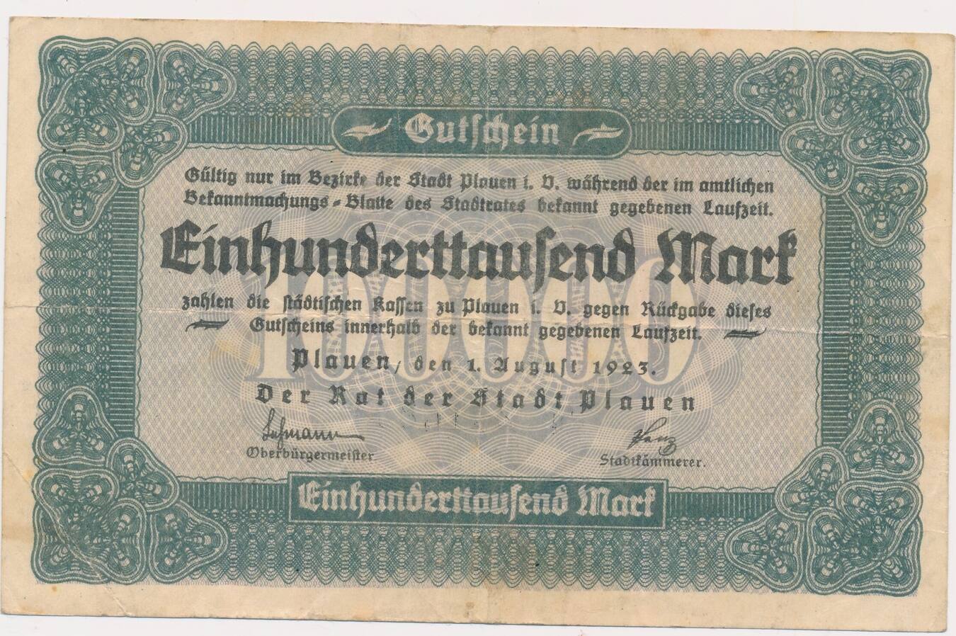 Deutschland Deutsches Reich 100 Tausend Mark 1923 Notgeldschein Notgeld ...