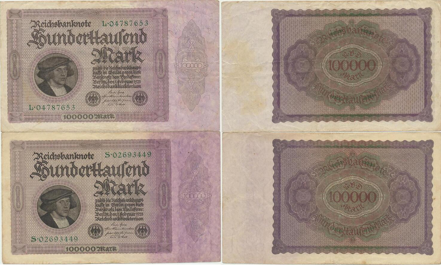 Deutschland 100 Tausend Mark 1923 2 Reichsbanknoten Reichsdruck, KN ...