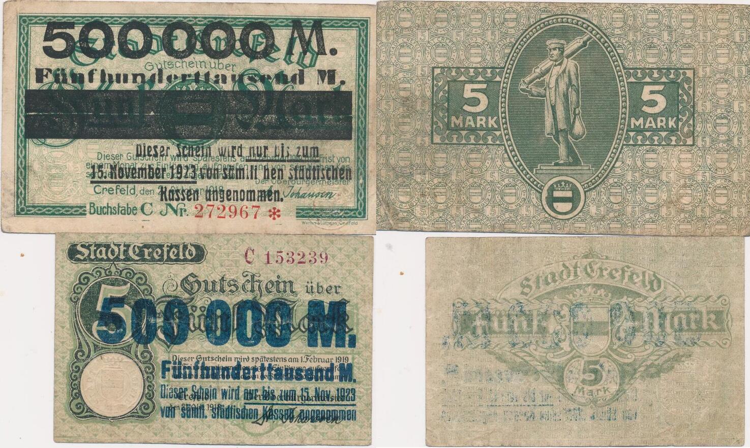 Deutschland Deutsches Reich 2x 500 Tausend Mark auf 5 Mark vom 1918 ...