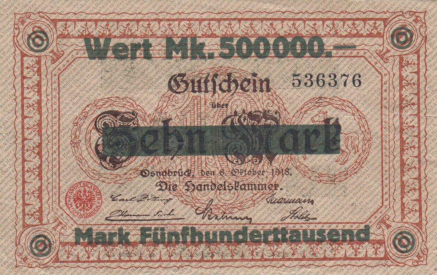 Deutschland Deutsches Reich 500 Tausend Mark überdruck auf 10 Mark 1918 ...
