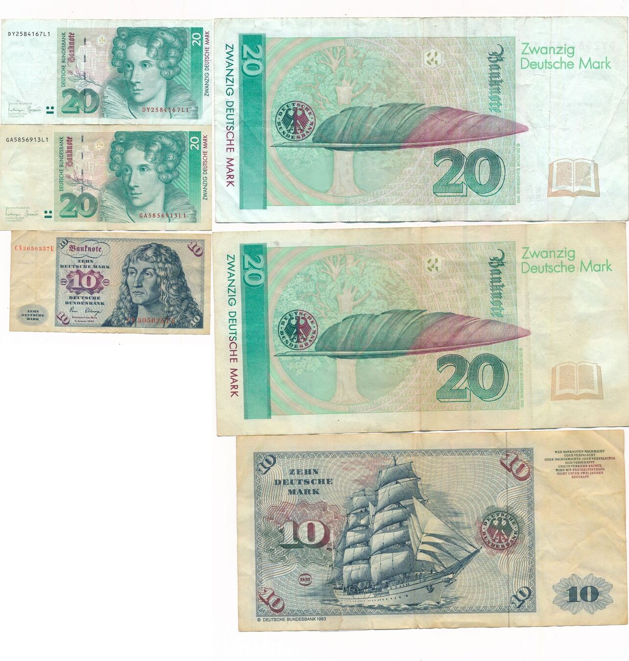 Deutschland BRD 2x 20 Mark, 10 Mark 1980 1993 3 Stück Banknote ...