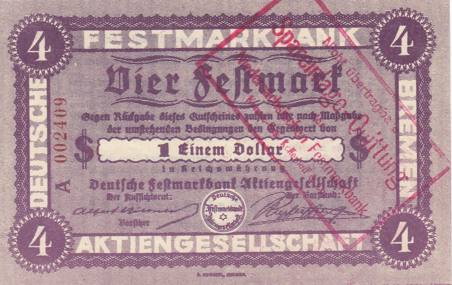 Deutschland Deutsches Reich 4 Mark 1 Dollar 1923 Notgeldschein Notgeld ...