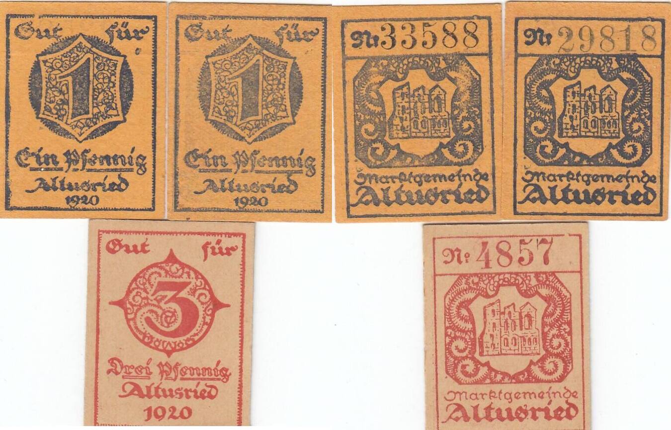 Deutschland Deutsches Reich 1 und 3 Pfennig, 3 Scheine 1920 Notgeld Notgeldschein ALTUSRIED ...