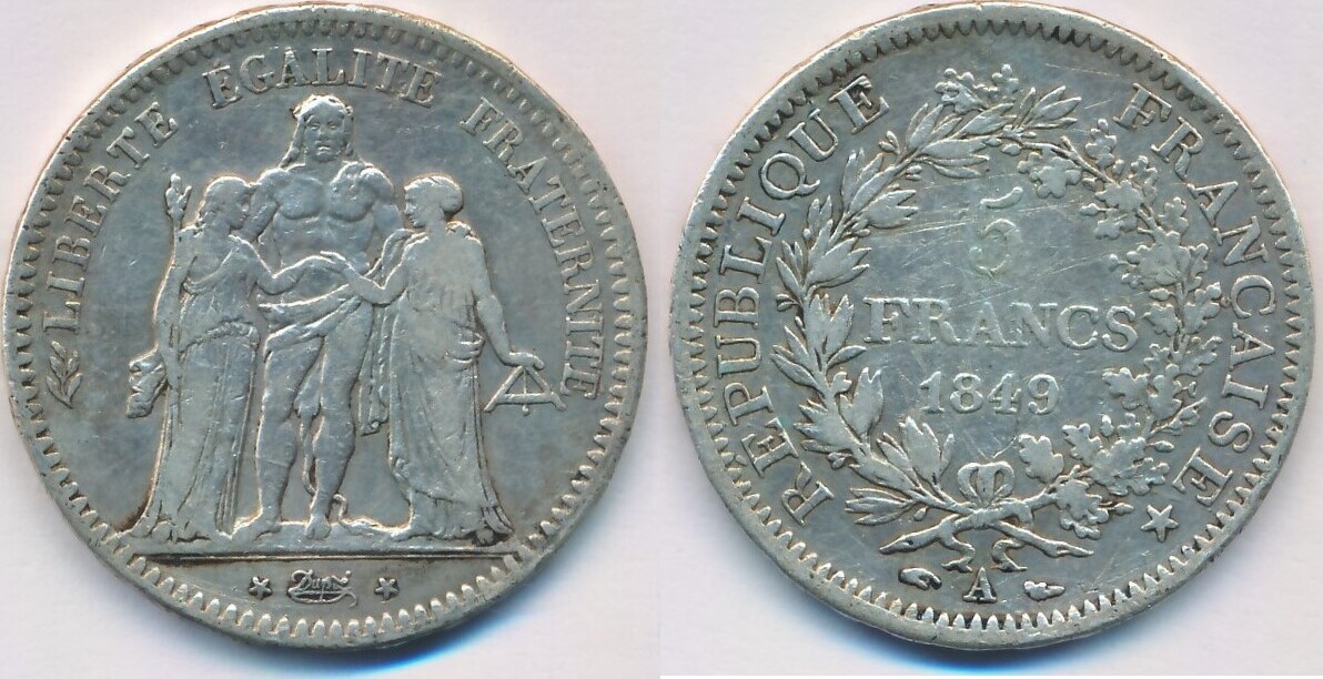 Frankreich 5 Francs 1849 A Münze Silber A Paris 2. Republik (1848-1852) Herkules sehr schön | MA ...