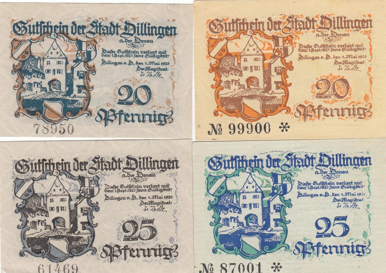 Deutschland Deutsches Reich 20 25 Pfennig, 4 Scheine 1920 Notgeld Notgeldschein Dillingen Bayern ...