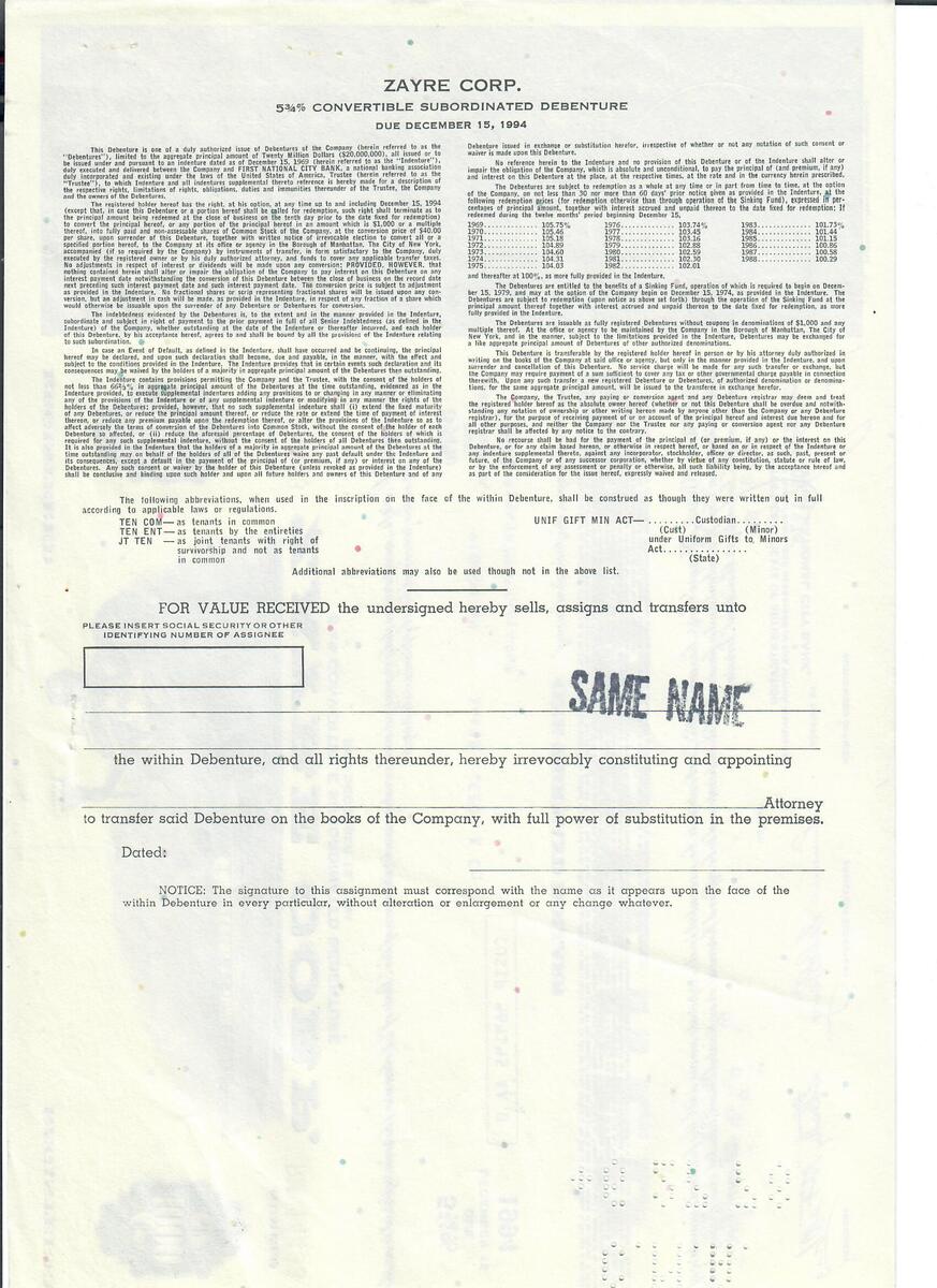 USA 1000 Dollars Shares Zayre Corp. 1976, Aktie Wertpapier II- | MA-Shops