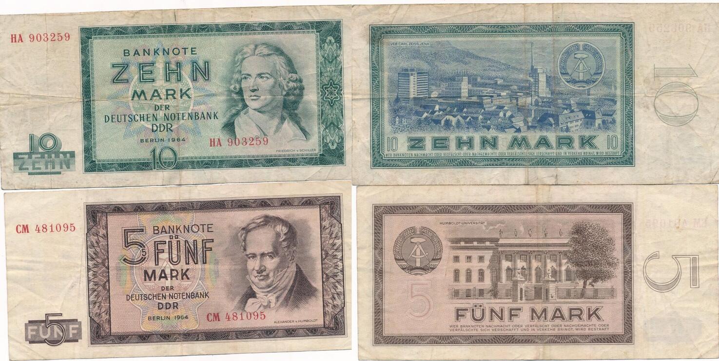 Deutschland DDR 5 und 10 Mark, 2 Scheine 1964 Geldschein Banknote III ...