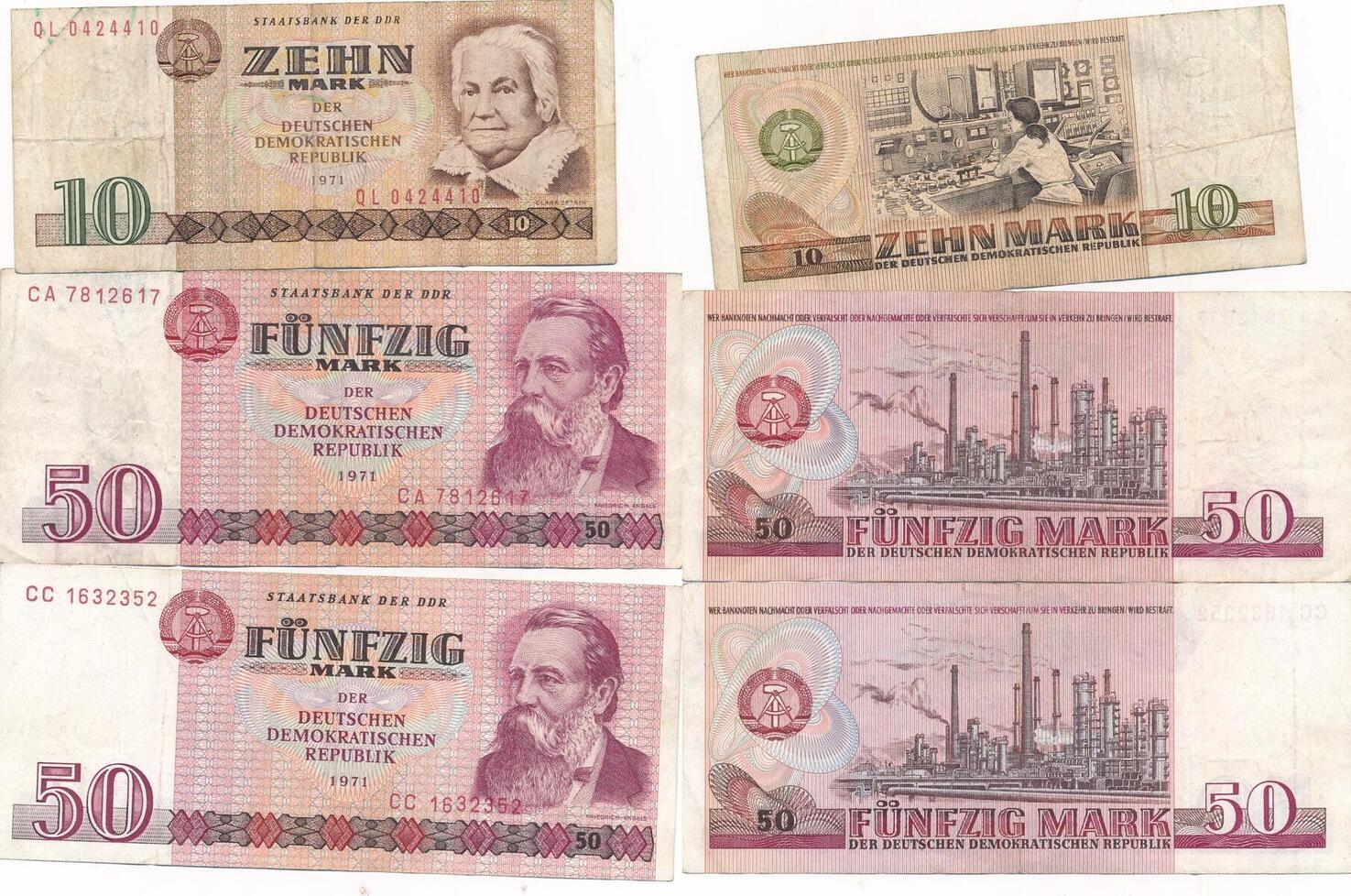 Deutschland DDR 10 und 50 Mark, 3 Scheine 1971 Geldschein Banknote Lot ...