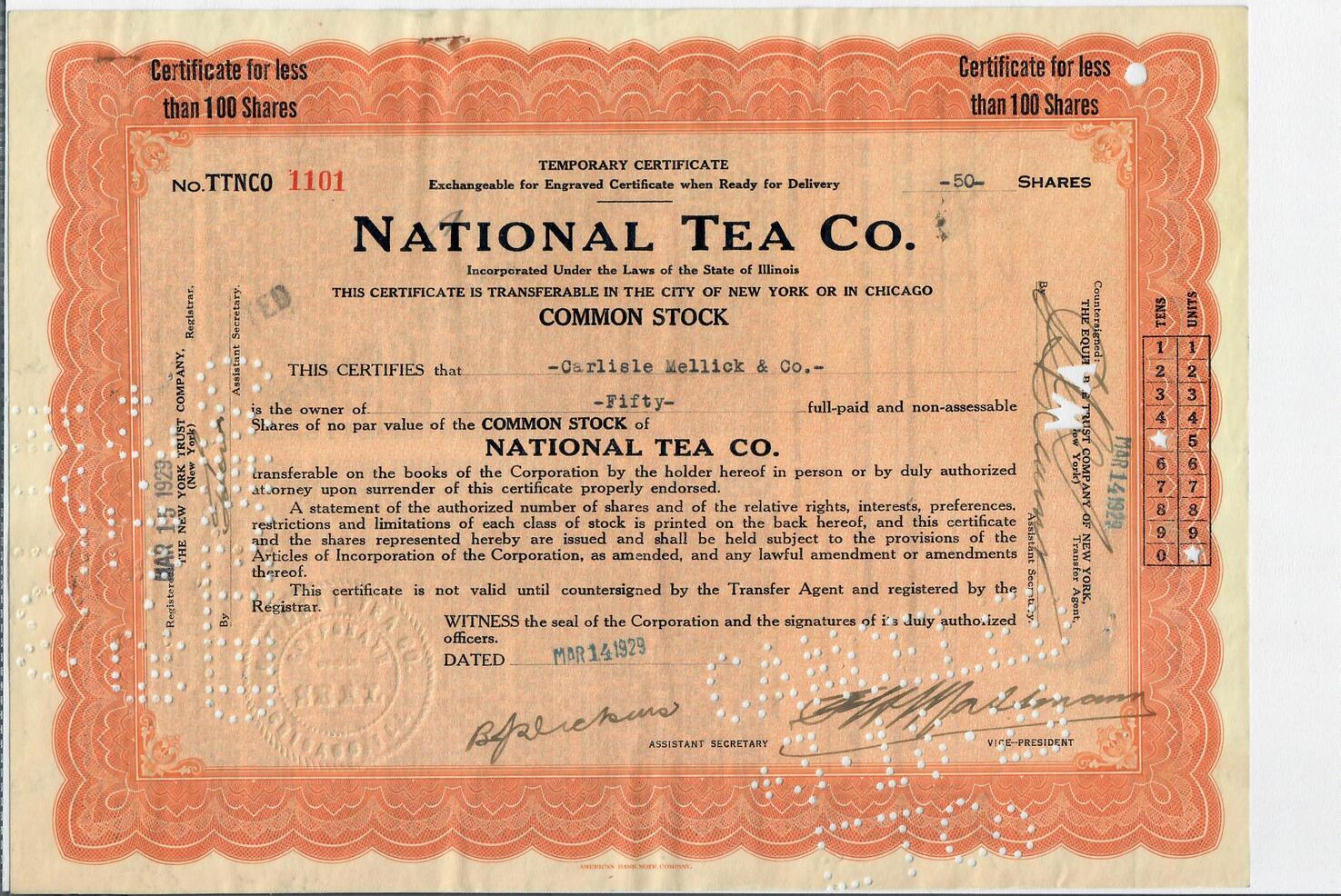 USA 50 Shares National Tea Co. 1929, Aktie Wertpapier III- | MA-Shops