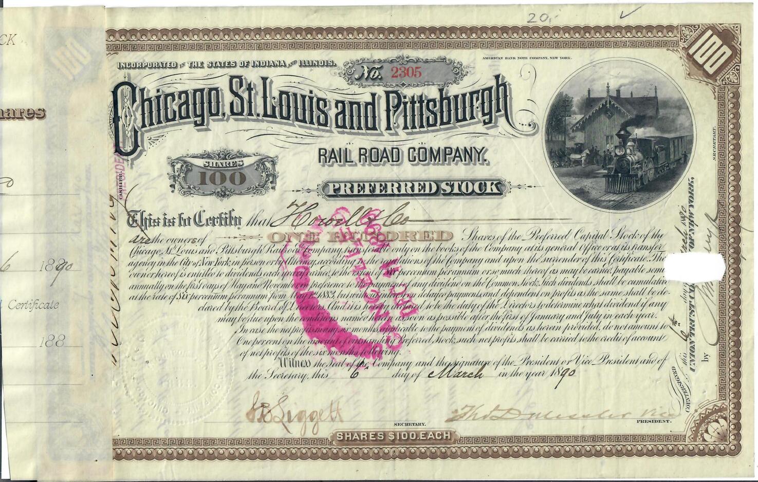 USA 100 Shares Chicago, St. Louis and Pittsburgh Rail Road Company 1890 ...