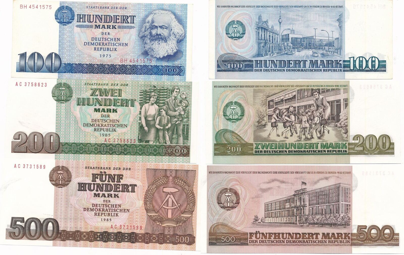 Deutschland DDR 100, 200, 500 Mark 1985 Geldschein Banknote, Staatsbank ...