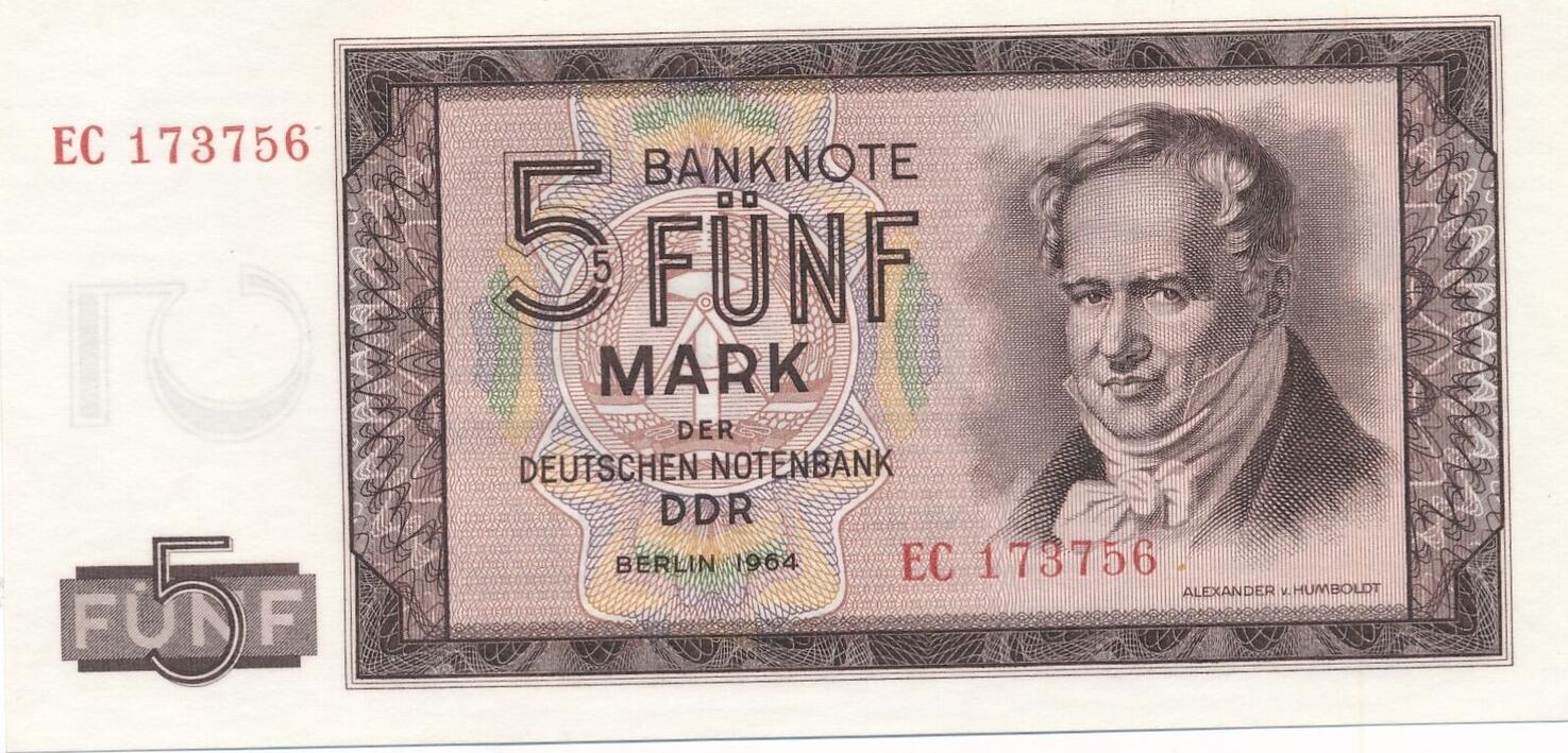 Deutschland DDR 5 Mark 1964 Geldschein Banknote Serie EC kassenfrisch ...