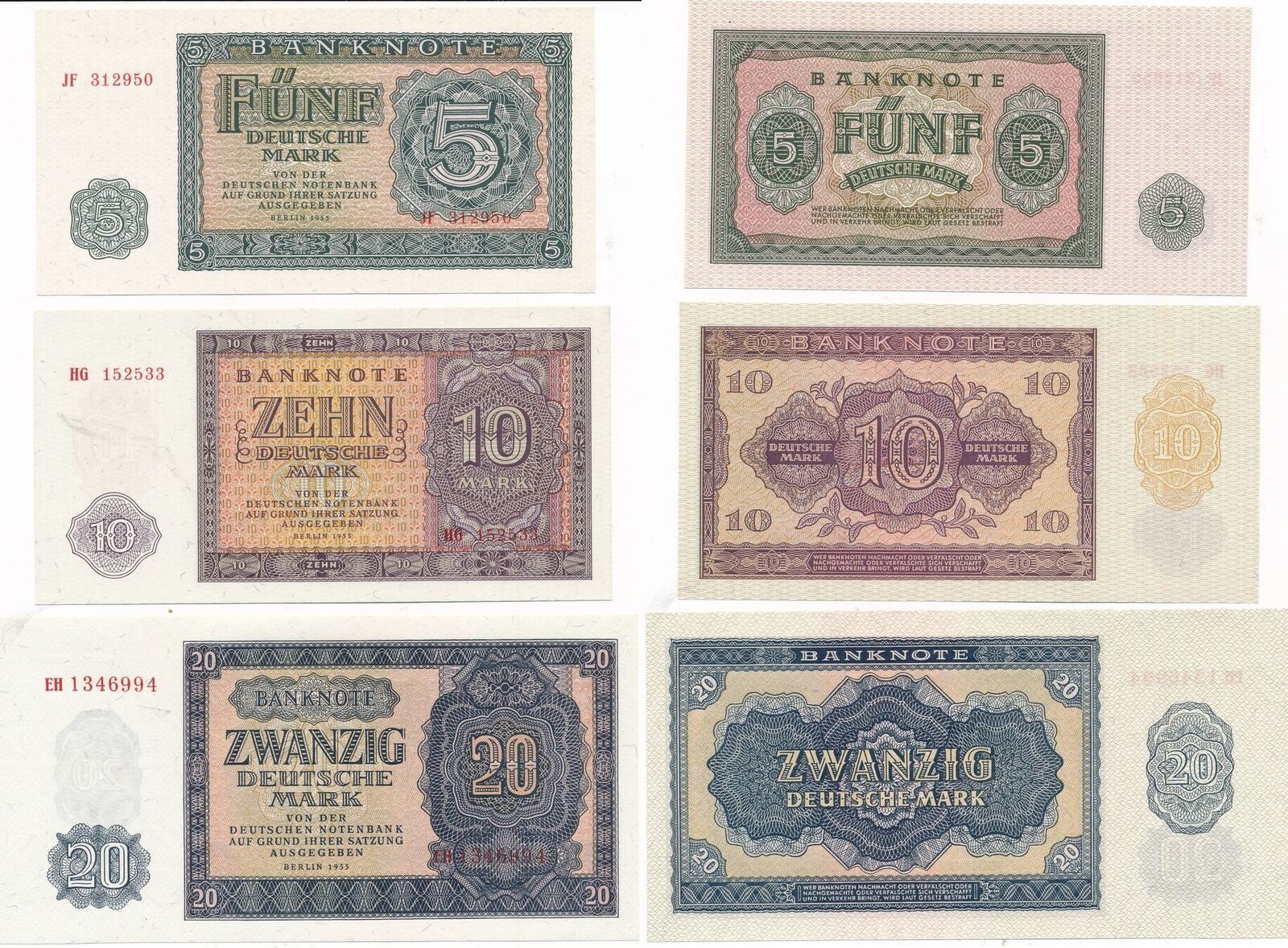Deutschland DDR 5 10 20 Mark, 3 Scheine 1955 Geldschein Banknote Serien ...