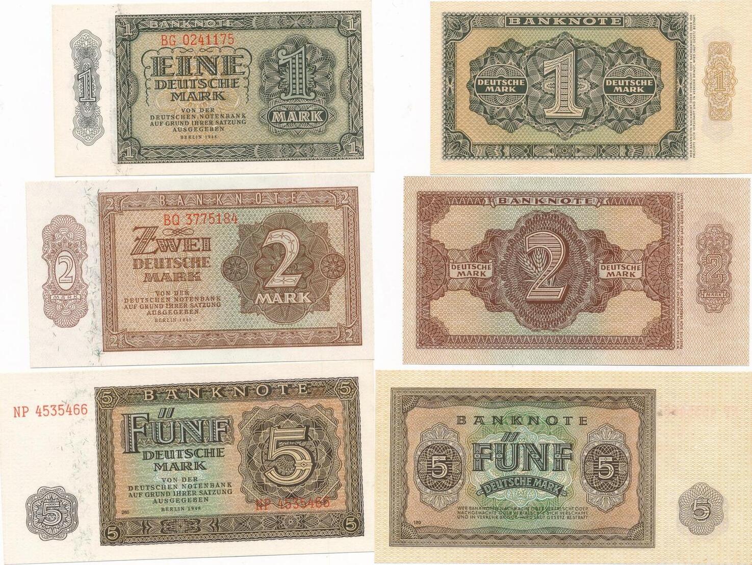 Deutschland DDR 1, 2, 5 Mark 1948 Geldschein Banknote, Staatsbank der ...
