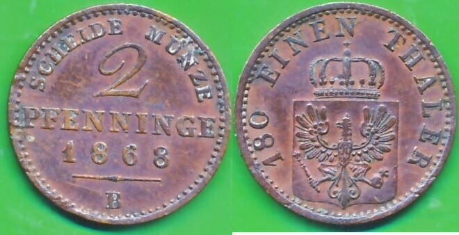 Altdeutschland Deutschland 2 Pfennige 1868 Münze Preußen Wilhelm I ...