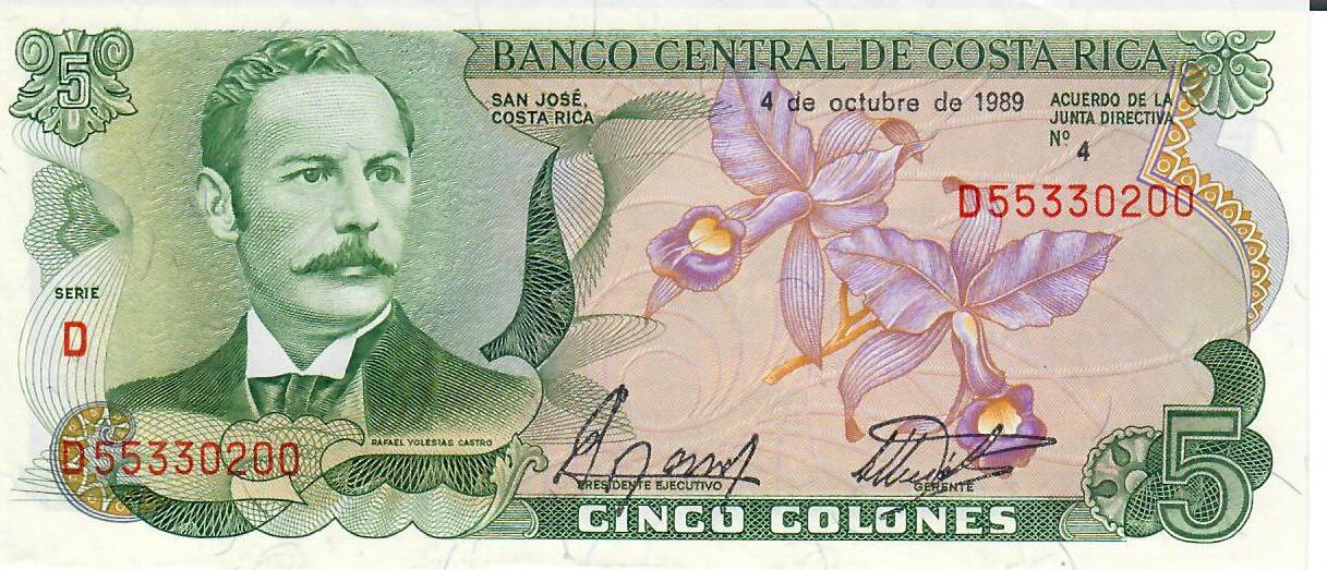 Costa Rica 5 Colones 1989 Banknote Geldschein unc | MA-Shops
