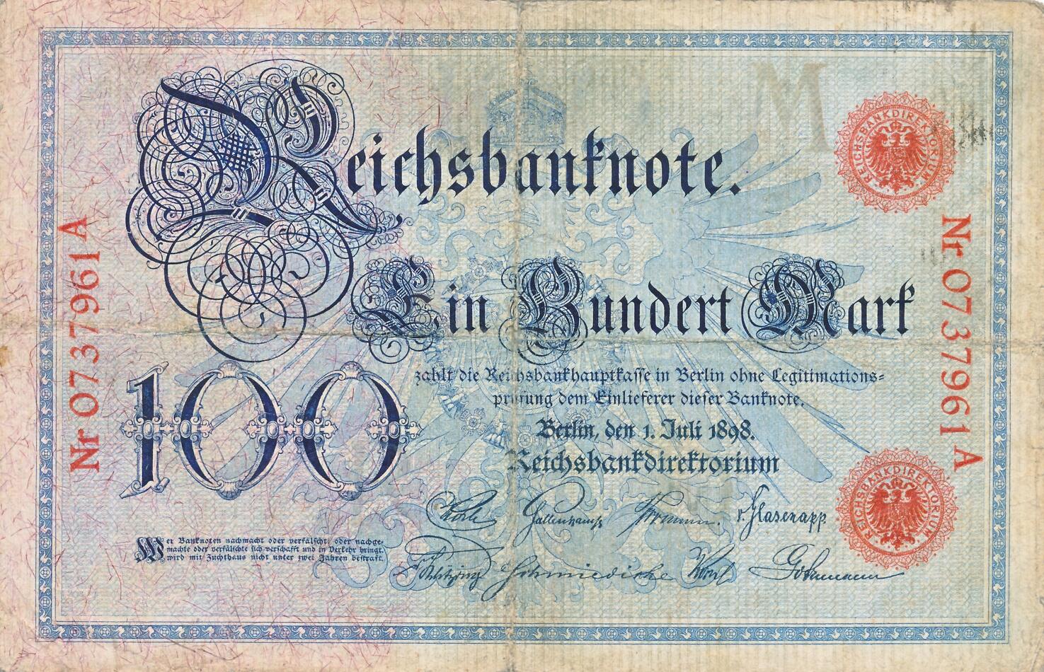 Deutschland Deutsches Reich 100 Mark 1898 Geldschein Banknote IV | MA-Shops