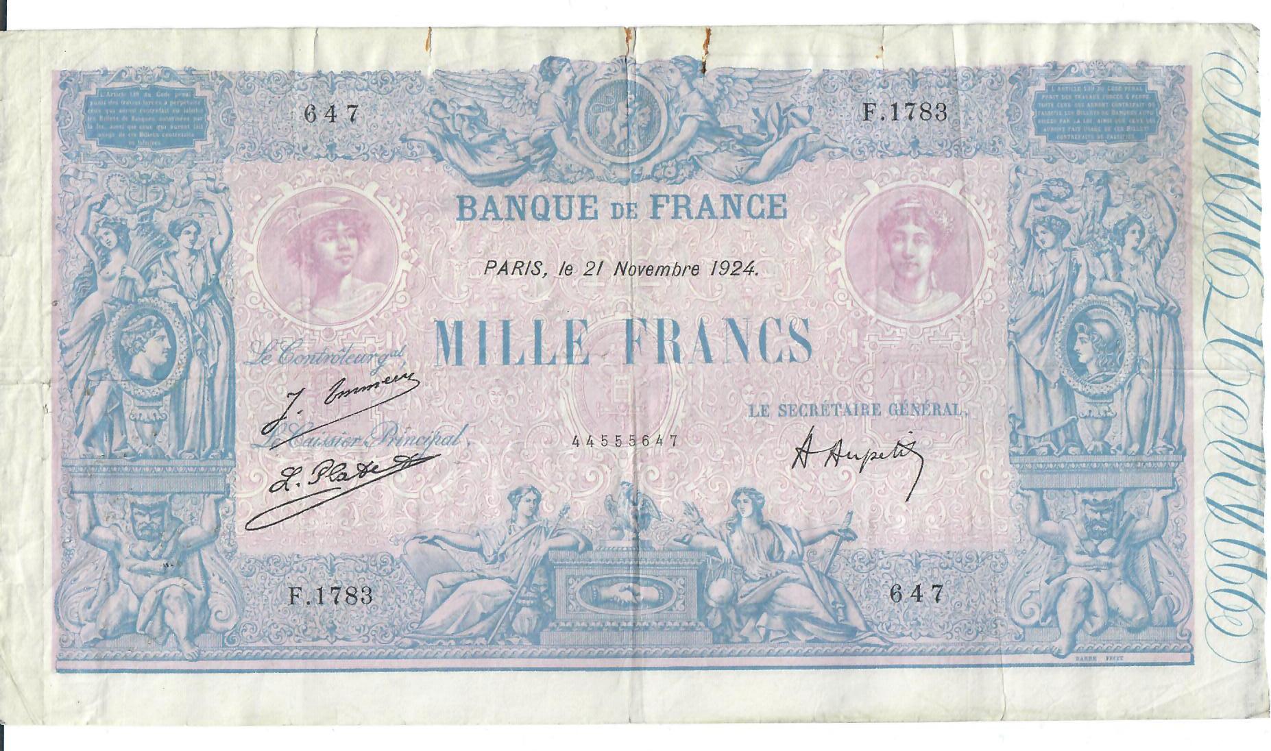 Frankreich 1000 Francs 1924 Banknote Geldschein III-, Nadellöcher | MA ...