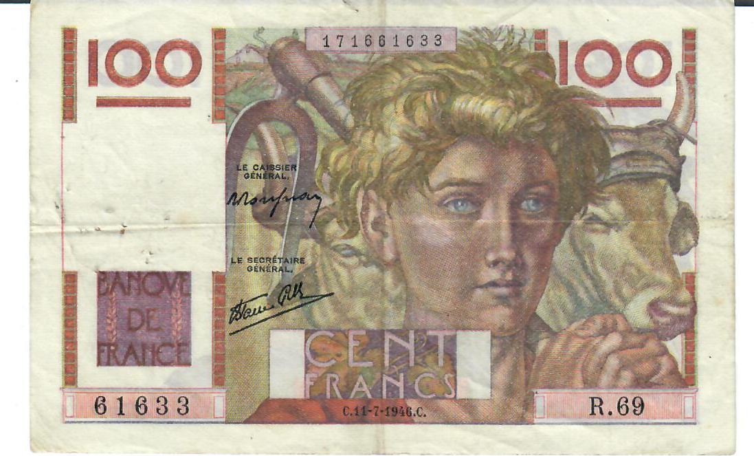 Frankreich 100 Francs 1946 Banknote Geldschein III+, Nadellöcher | MA-Shops