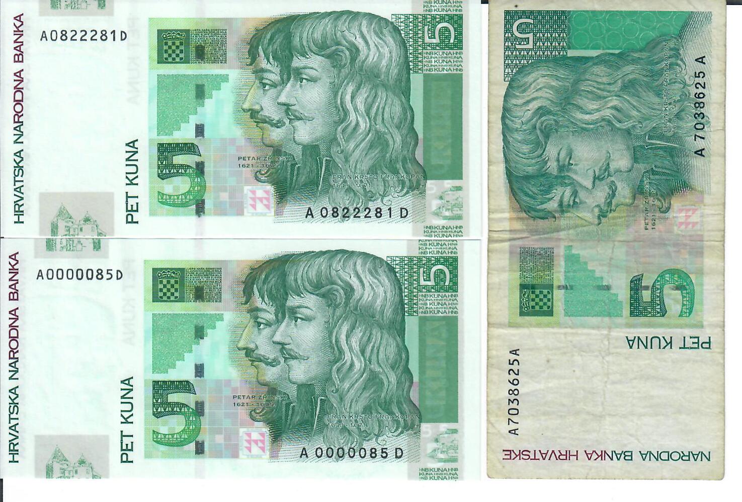 Kroatien 1993, 2001 Banknote Geldschein 2 Stück 5 Kuna (2001, unc), 1 Stück 5 Kuna (1993, III ...