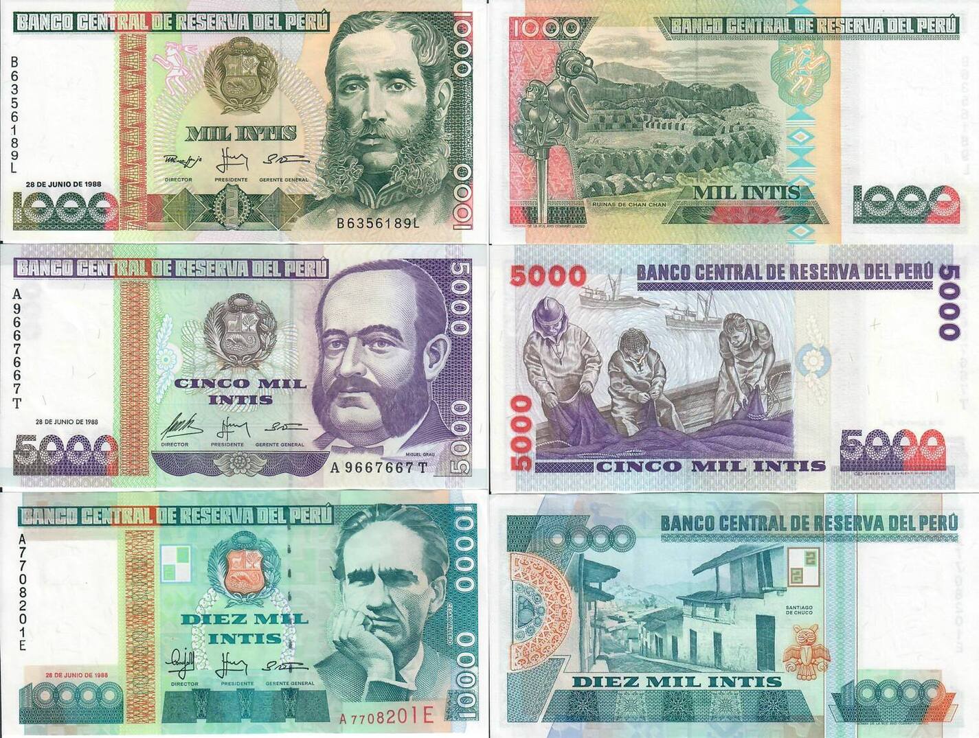 Peru Banknote Geldscheine 1000 5000 10000 Intis (1988) unc 3 Scheine ...